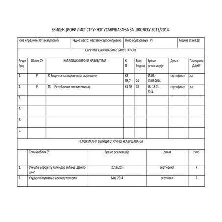 Evidencioni list1 tanja | DOCX