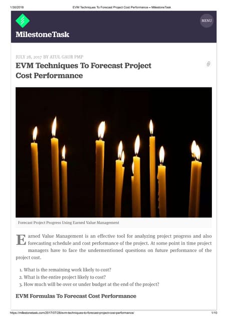 Evm Techniques To Forecast Project Cost Performance Pdf