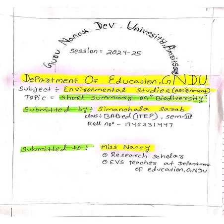 Overall handwritten short summary on Biodiversity chapter, EVS assignment file, SEM-3,ITEP GNDU ...