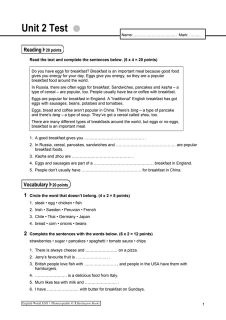 Unit 1 - Test 1 (reading and writing) | DOC | Road Trips | Travel Type