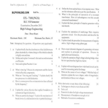 Ex 7101-high-voltage-engineering-dec-2013 | PDF