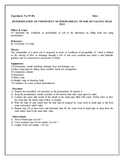 Permeability Test of soil Using Constant and Falling Head Method | PDF ...