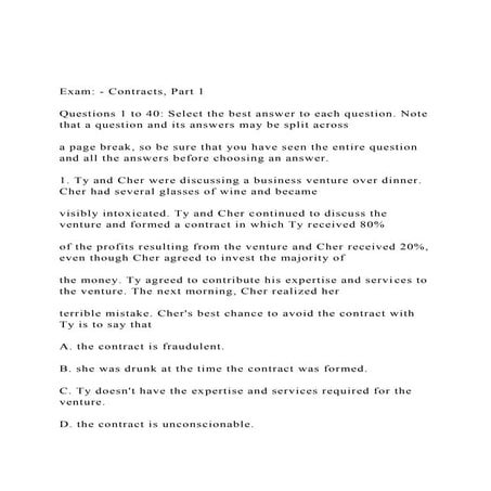 Exam - Contracts, Part 1 Questions 1 to 40 Select the be.docx | Law