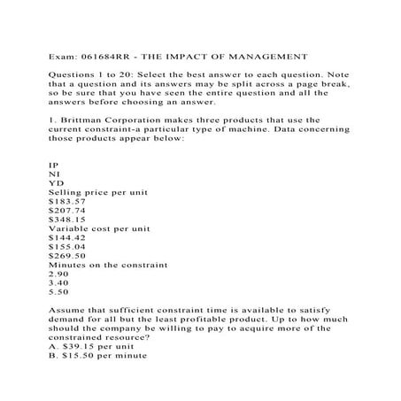Exam 061684RR - THE IMPACT OF MANAGEMENT Questions 1 to 20 S.docx