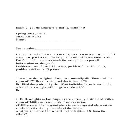 Exam 2 (covers Chapters 6 and 7), Math 140 Spring 2015,.docx ...