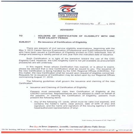 Certification of Eligibility - Exam advisory no. 11s2016 | PDF