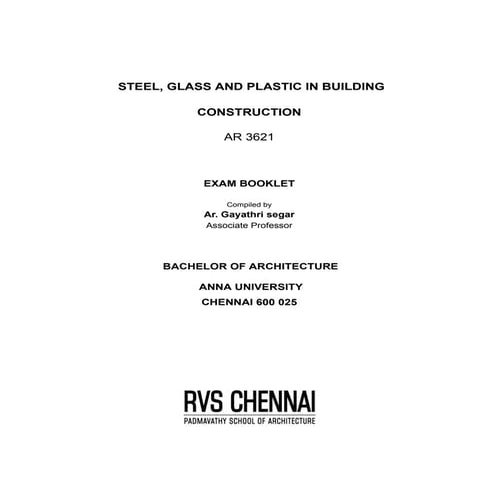 STEEL, GLASS, PLASTICS IN BUILDING CONSTRUCTION, WITH ANNA UNIVERSITY QUESTION PAPER ANSWER BANK ...