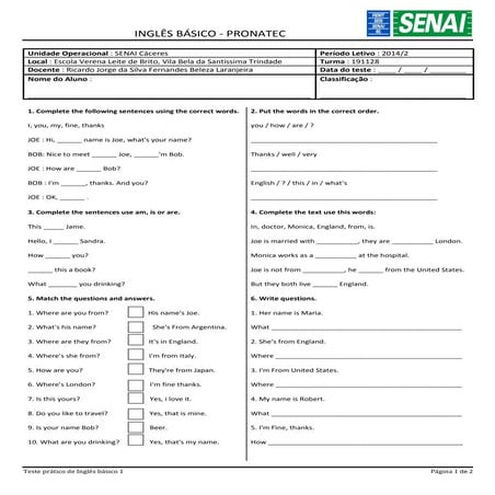 Exame ingles basico 1 | PDF