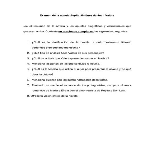 Examen de la novela pepita jiménez de juan valera | DOC