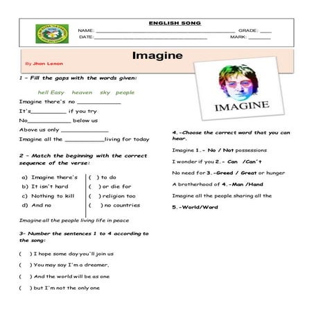 listening comprehension using song "imagine" | DOCX