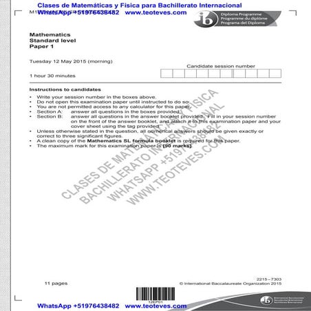 Examen Matemáticas IB Nivel Medio Prueba 1 TZ1 Mayo 2015 | PDF