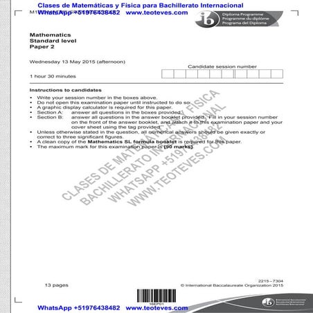 Examen Matemáticas Nivel Medio Prueba 2 TZ1 Mayo 2015 | PDF