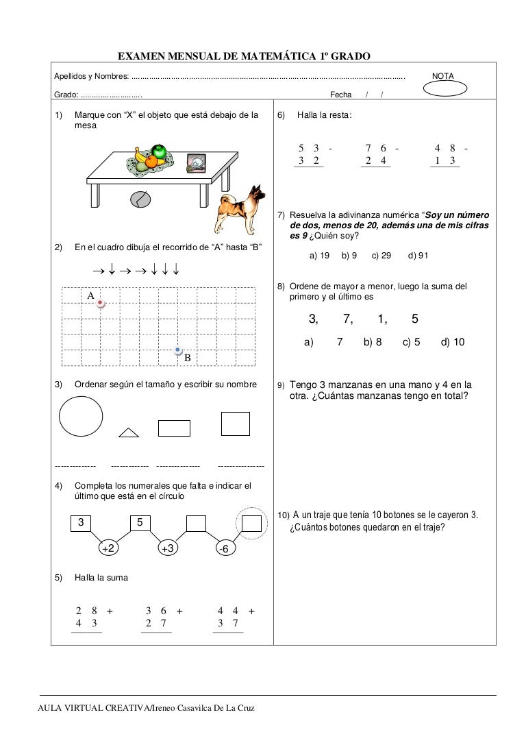 EVALUACIÓN DE ENTRADA DE MATEMÁTICA 1º GRADO