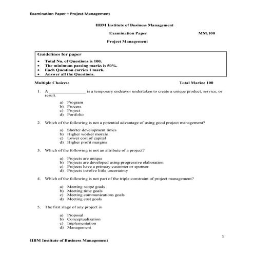 Examination paper of project management certification | PDF