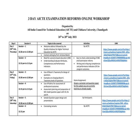 Examination reforms workshop schedule (26th to 28th july) | PDF