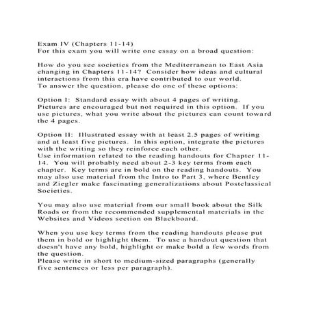 Exam IV (Chapters 11-14)For this exam you will write one essay o.docx