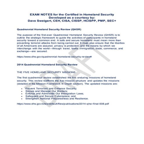 EXAM NOTES for Certificate in Homeland Security CHS-I | DOCX