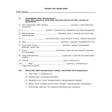 Exam of adverbs of frequency | DOCX