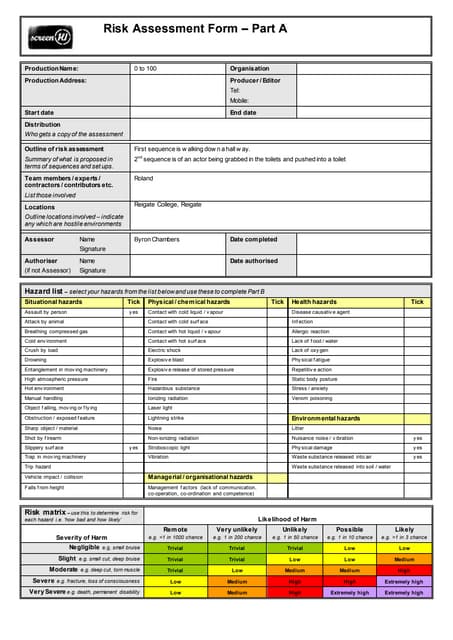 Filming Risk Assessment | DOCX | Death, Injury, or Military Conflict ...