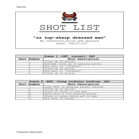 ZZ top shot list | DOCX