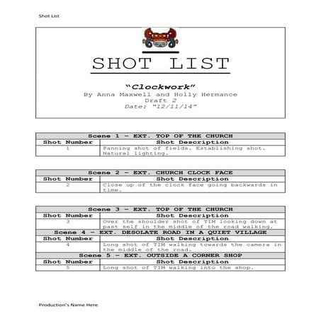 New shot list for 'Clockwork' | DOCX