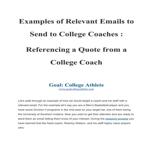 Example Emails for College Coaches: Reference a Quote from a Coach | PDF