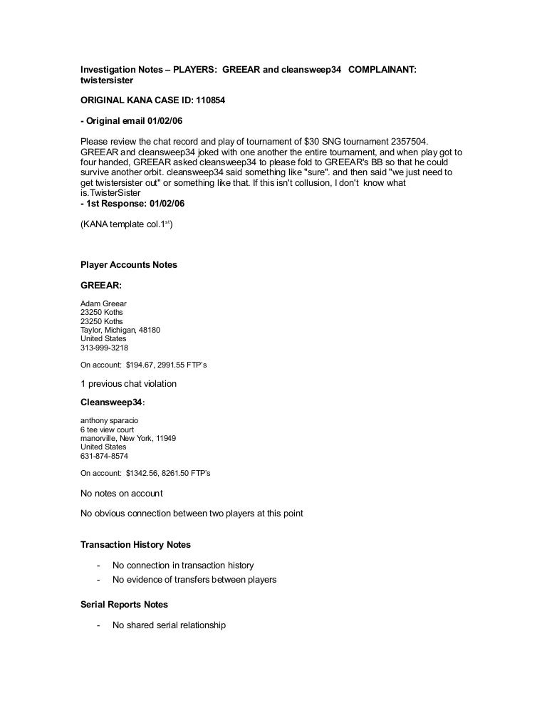 Example of investigation notes report