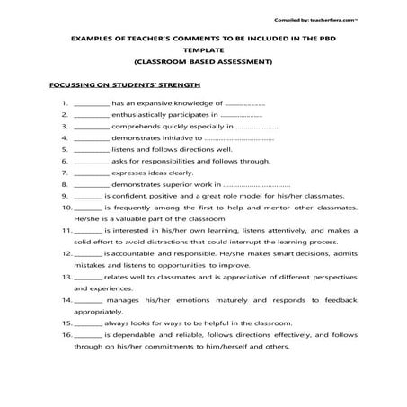 Examples of teacher’s comments to be included in the pbd template ...