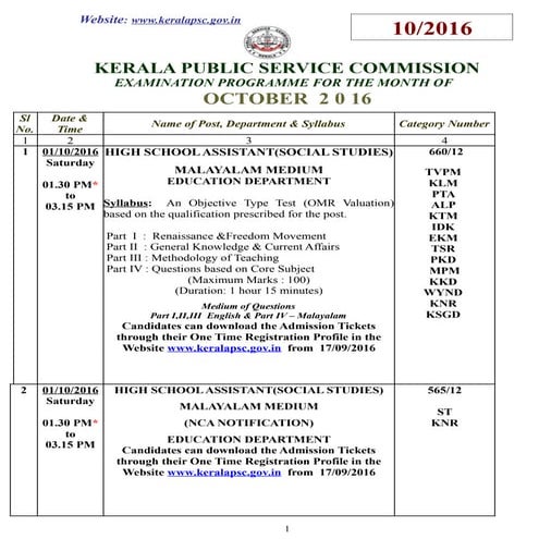 Kerala PSC Exam Programme for October 2016 | PDF