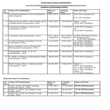 SSC Exam Calendar 2015 | PDF