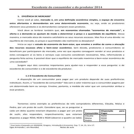 Excedente de consumidor e produtor ( dicas de economia) | DOC