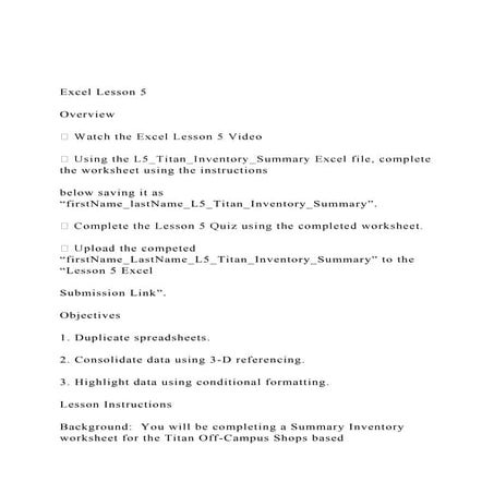 Excel Lesson 5 Overview Watch the Excel Lesson 5 Vid.docx