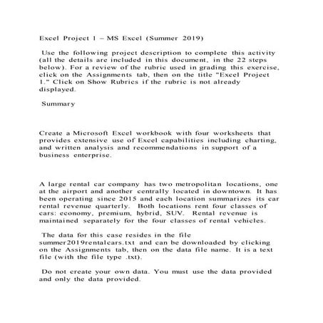 Excel Project 1 – MS Excel (Summer 2019) Use the following proj | DOCX