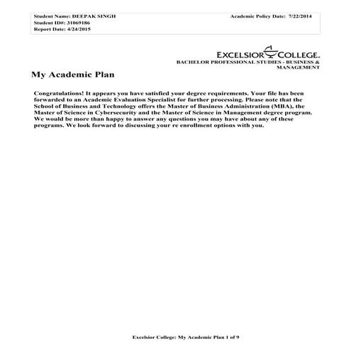 Excelsior College Transcript of Deepak (Danny) Singh | PDF