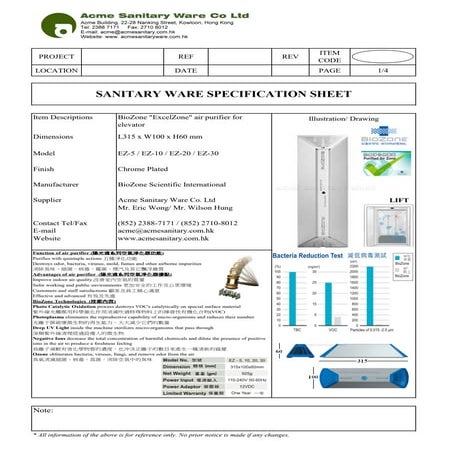 Máy khử mùi, khử khuẩn thang máy Biozone ExcelZone ® (EZ) | PDF