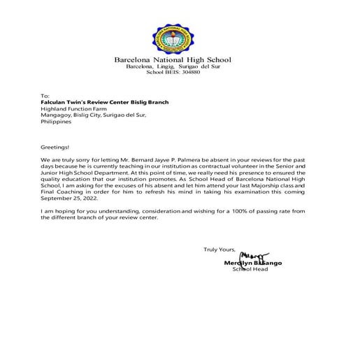 Excuse Letter Sample Student Excuse Letter GREEN VALLEY COLLEGE