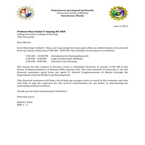 Excuse letter, bonoan | DOCX