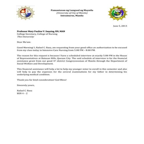 Excuse letter, bonoan 3 | PDF