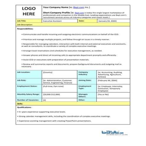 Executive Assistant Job Description Template by Bayt.com