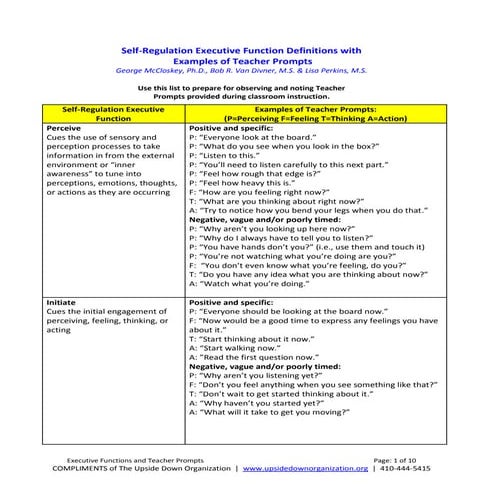 Self-Regulation Executive Function Definitions with Examples of Teacher Prompts George McCloskey ...