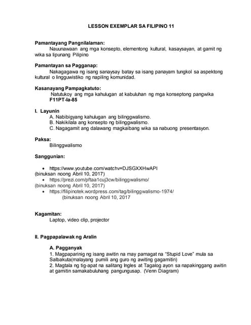 Lesson Exemplar sa Filipino 11 | DOCX