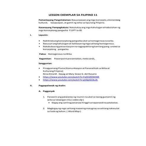 Lesson Exemplar sa Filipino 11 | DOCX