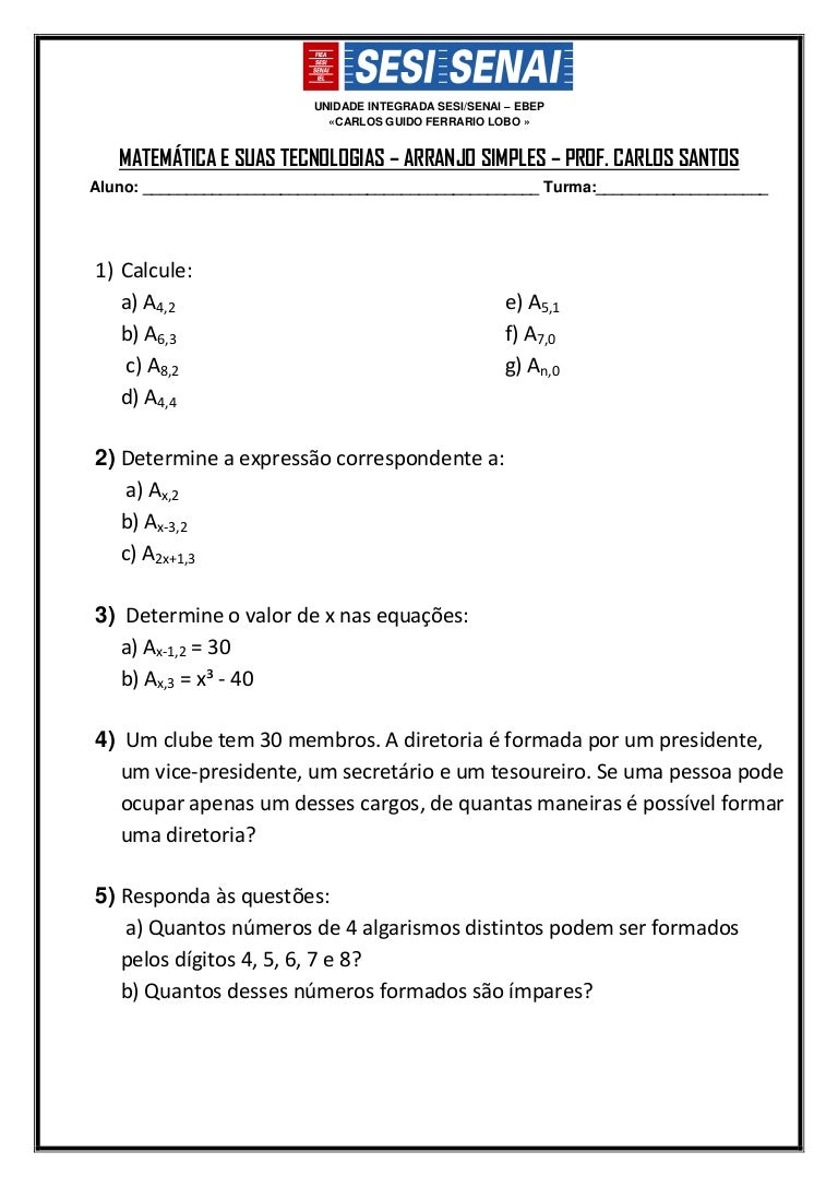 Exercícios (arranjo simples)