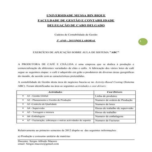 Exercício de aplicação sobre aula de sistema abc | PDF