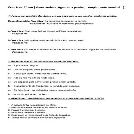Exercícios 8.agente da passiva.vozes verbais.complemento nominaldocx | DOCX