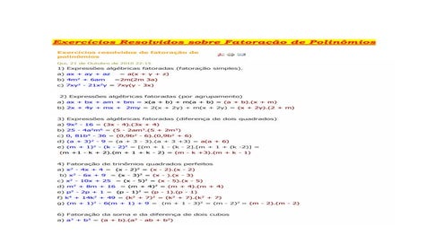 Mat Utfrs 10 Produtos Notaveis E Fatoracao Exercicios Pdf