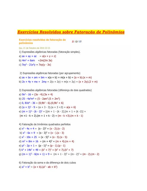 Mat Utfrs 10 Produtos Notaveis E Fatoracao Exercicios Pdf