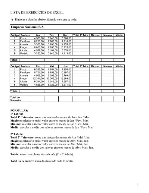 Excel lista de exercicios básicos | PDF