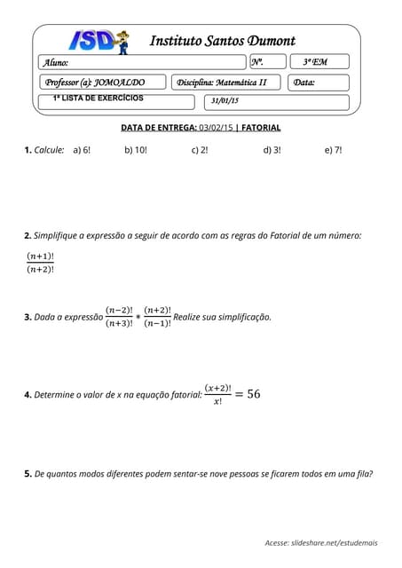 Exercícios de fatorial | DOCX
