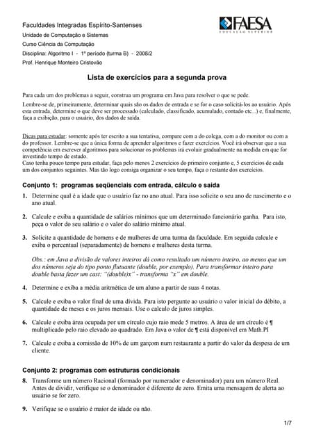 Lista de Exercícios - Excel | PDF